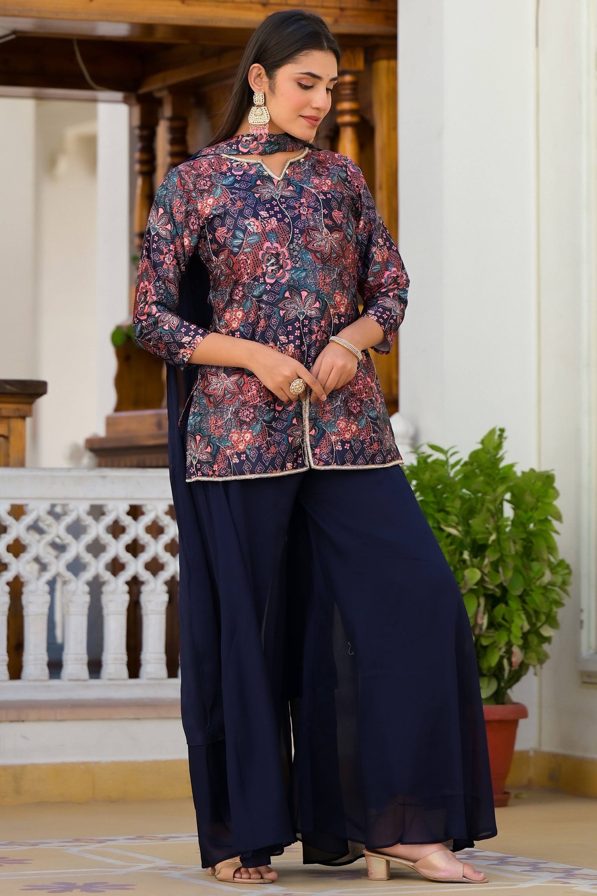 Satin Fabric Navy Blue Color Attractive Readymade Palazzo Suit – Simple ...