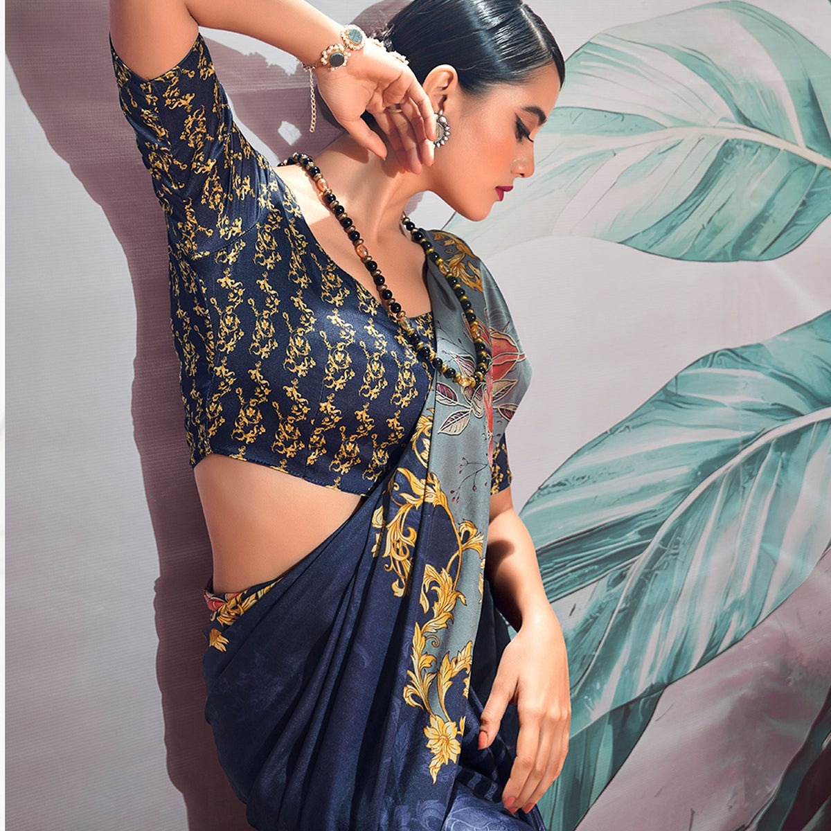 Phenomenal Digital Printed Navy Blue Color Satin Fabric Saree – Simple ...